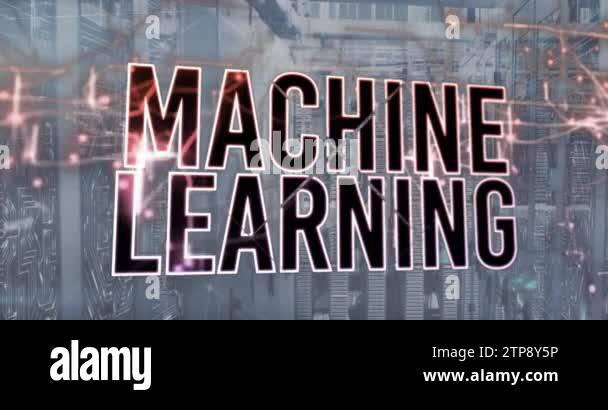 Animation of machine learning text, light trails, microprocessor ...