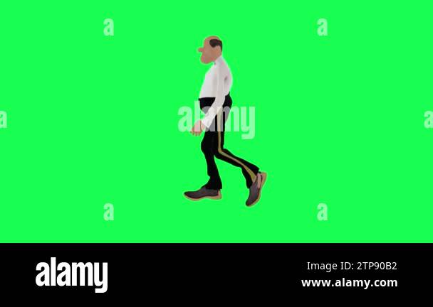 3D bald animated man walking isolated right angle green screen ...