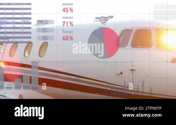Animation of infographic interface over parked private jet in airport ...