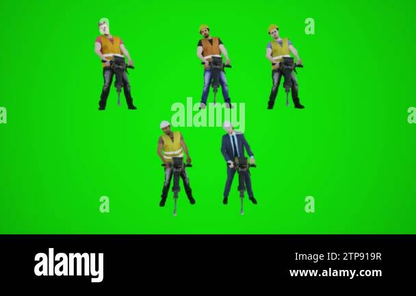 3d green screen construction workers digging the ground with hole ...