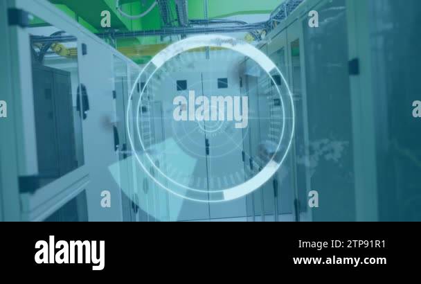 Animation of 5g text over round scanner and data processing against computer server room. Global ...