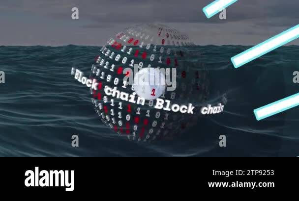 Animation Of 5g Text Circles And Block Chain Text Around Binary Codes In Globe Over Ocean