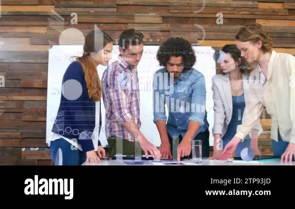 Animation of infographic interface over diverse colleagues discussing ...