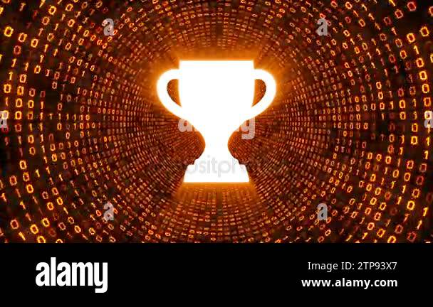 White trophy cup icon form gold binary tunnel on black background ...
