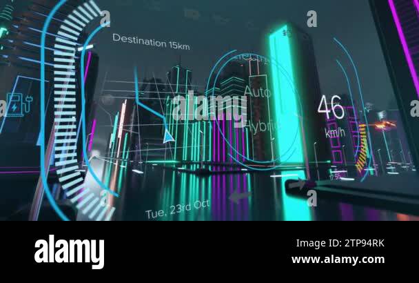 Animation of digital interface with speedometer over vehicles flying. Global connections ...