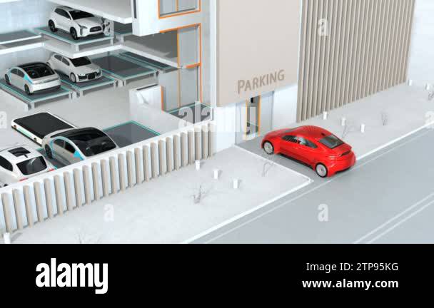Red Car Parking By Agv Automated Guided Vehicle In Cutaway View