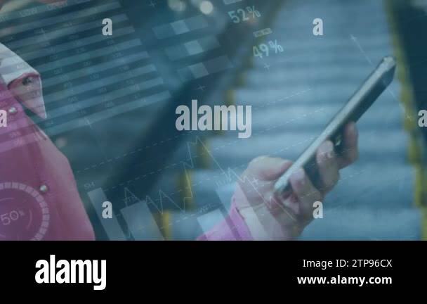 Animation of infographic interface over midsection of caucasian woman ...