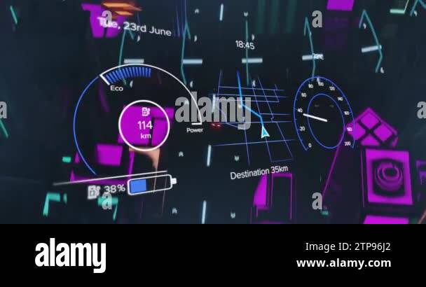 Animation of digital interface over car driving. Global connections ...