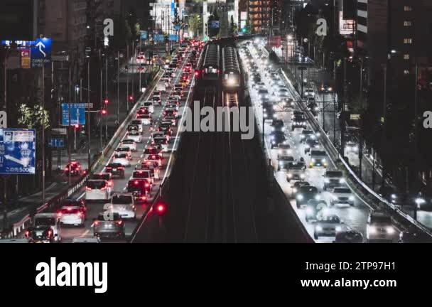 Car traffic transportation on elevated highway road, commuter subway ...