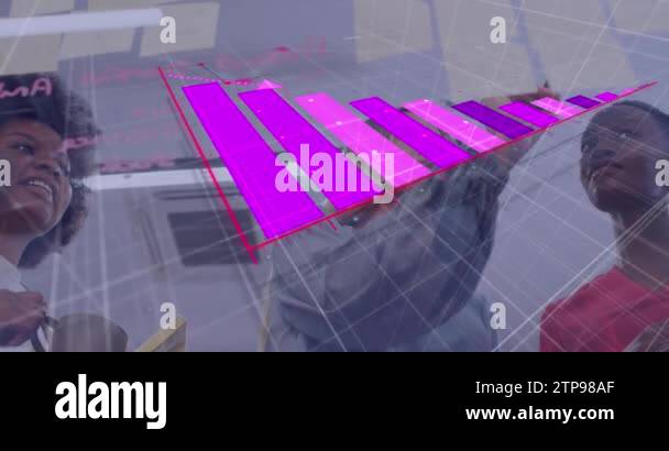 Animation of falling graph, low angle view of diverse coworkers ...