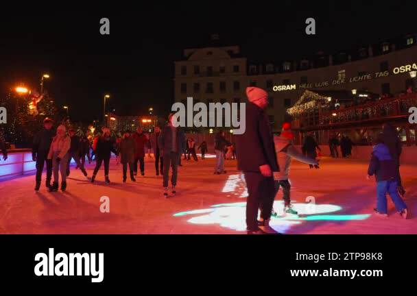 December 5, 2022. Germany. Munich. People ice skating in Karlsplatz in ...