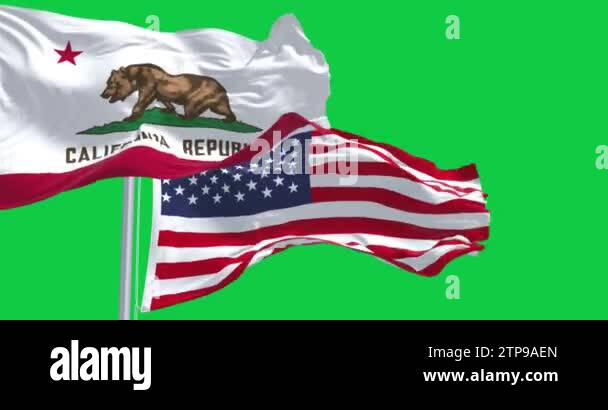 California Republic state and United States flags waving isolated on a ...