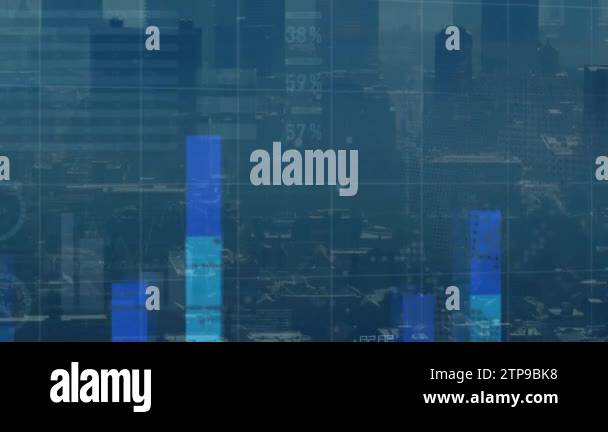 Animation of graphs, map and infographic interface over aerial view of ...