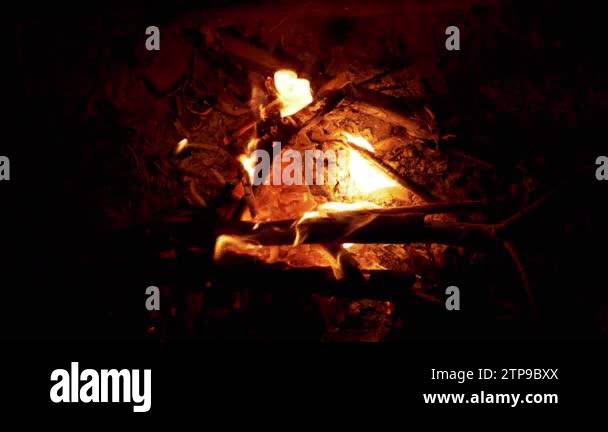 Bright Flame of a Night Fire in the Forest with Smoldering Coals, Smoke ...