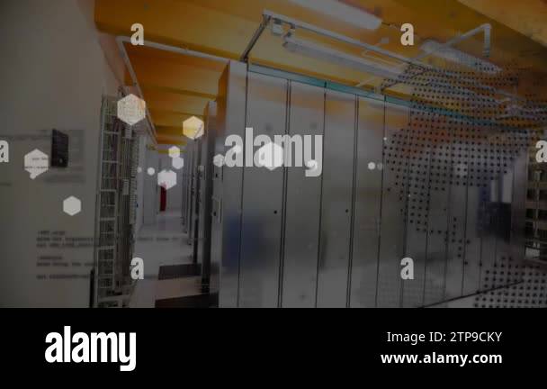 Animation of hexagons, rotating globe and computer language over server room. Digital composite ...
