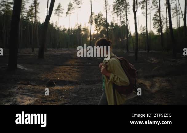 sad woman hiker with backpack in woods after forest fire. charred earth ...