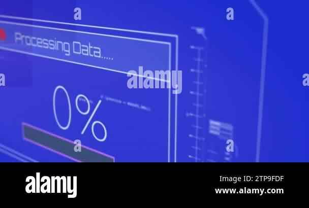 Animation of changing numbers, texts, map and computer language over blue background. Digitally ...