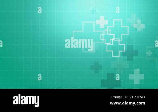 Copy space. Green background with grid and floating medical shapes of ...