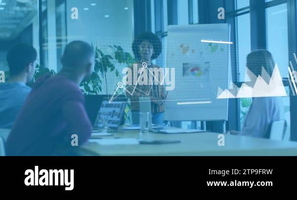 Animation of graphs, loading bars, map, diverse woman explaining strategy to coworkers on ...