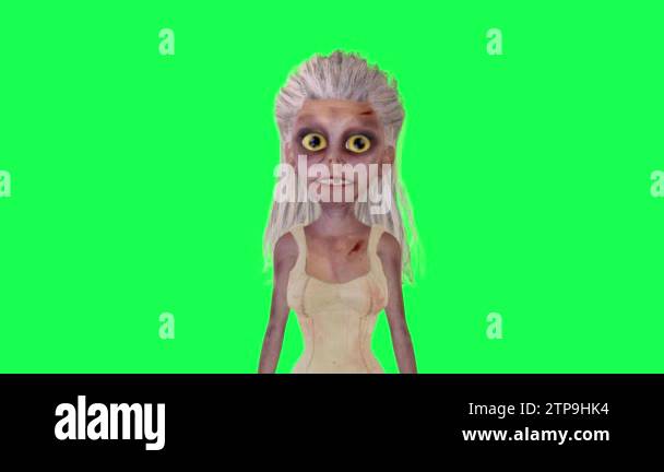 3d female zombie talking on green screen front angle cartoon character ...