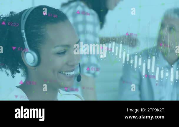 Animation of graphs, changing numbers, biracial female customer ...