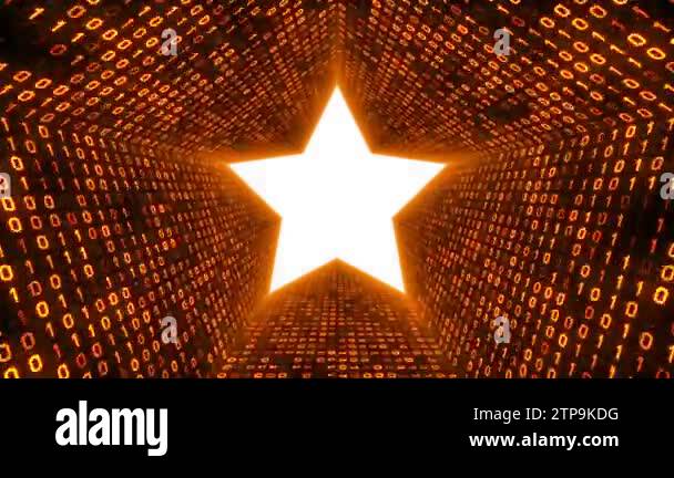 White star icon form gold binary tunnel on black background. Seamless ...