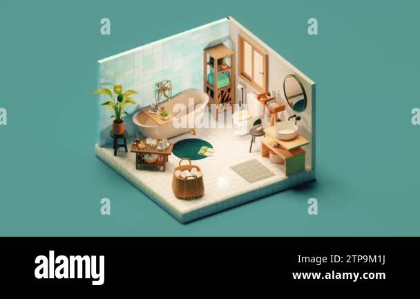 3d animation loop of isometric view of bathroom in cartoon style ...