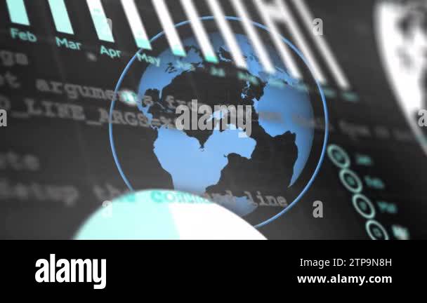 Animation of globe in circle, graph, globe and computer language over black background ...