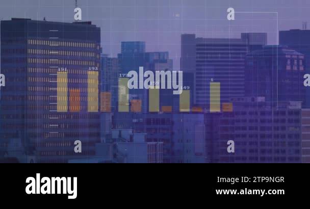 Animation of changing numbers and graphs over modern buildings against sky. Digital composite ...