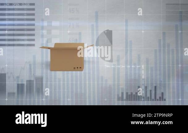 Animation of cardboard boxes with infographic interface and graphs over ...