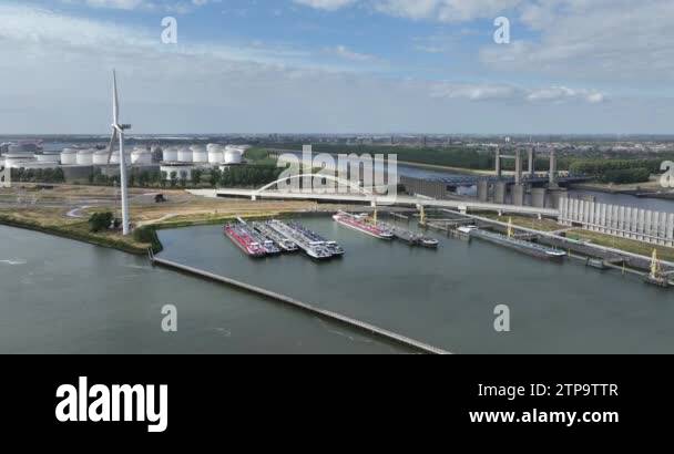 Infrastructure in the port of Rotterdam. A sluice, lock system,road ...