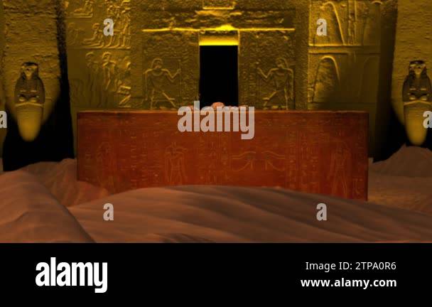 Egyptian pharaoh entombment. The mummy resurrecting, rising from behind ...