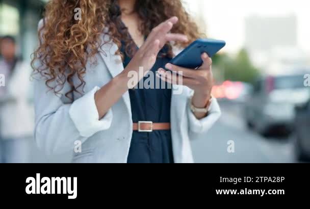 Hands, phone and business woman texting in city for travel, networking ...