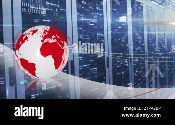 Animation of rotating globe and arrows over bars and lens flares over data server racks. Digital ...