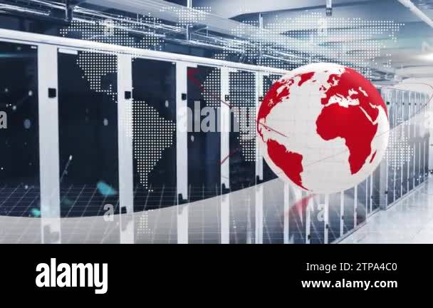 Animation of rotating globe, map and connected dots over data server room. Digital composite ...