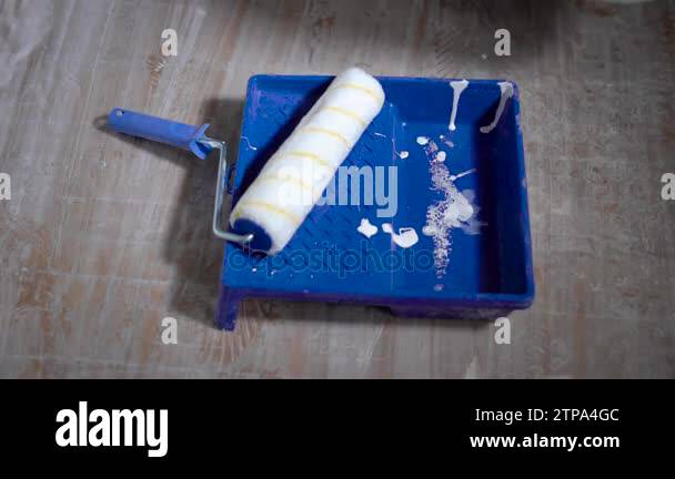 paint roller is lying in the blue tray on a floor in a flat, white dye ...