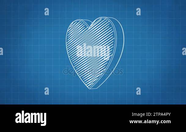 Hand drawn heart symbol rotating on the blueprint paper. Seamless loop ...