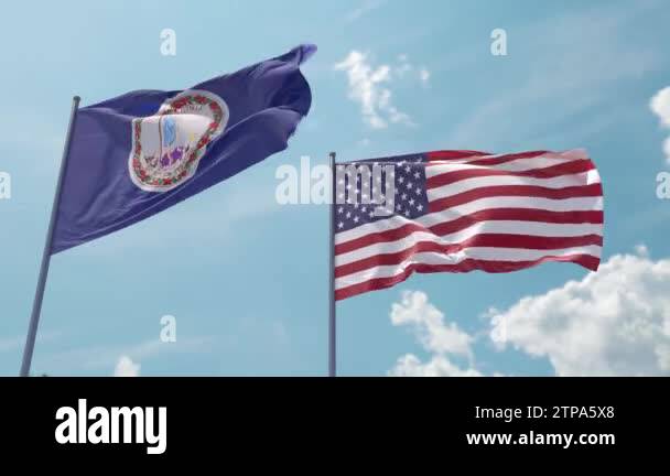 Virginia flag and the USA flag on a flagpole realistic wave on strong ...