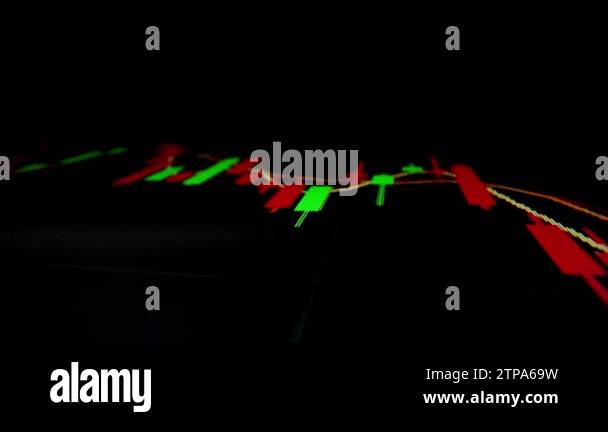 Closeup macro shot movement on LED screen, declining stock market graph ...