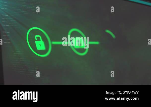 Animation of flowchart of icons and lens flares over computer language ...