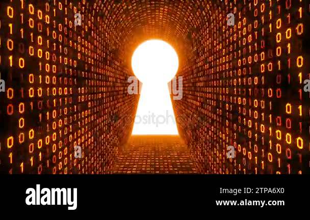 White keyhole icon form gold binary tunnel on black background. Computer security concept ...