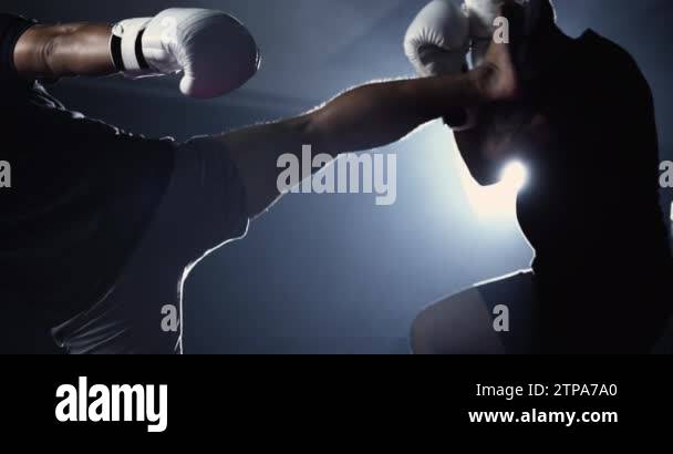 Muay Thai fighter kicking opponent, professional boxing match of ...