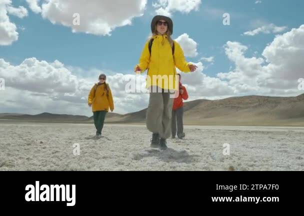 Travel group together goes in wilderness area, tourist friends hiking ...