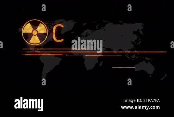 Animation radiation warning symbol, warning immediate action required text over map. Digitally ...