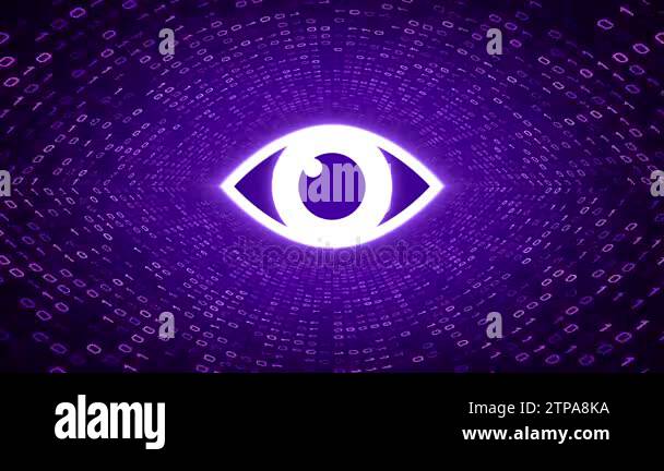 White eye icon form purple binary tunnel on purple background. Computer security concept ...