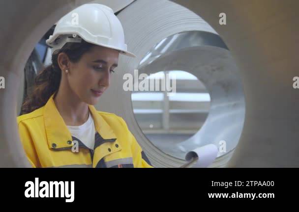 Female engineer in professional industrial factory,Workers wear safety helmets and carry ...