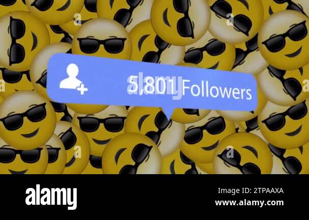 Animation of followers growing number over emoji icons on blue ...