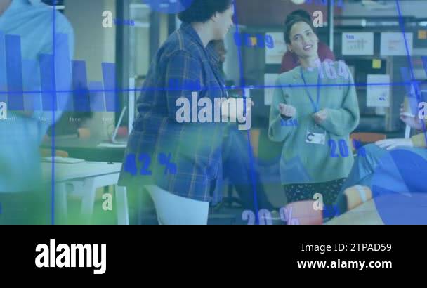 Animation of graphs and changing numbers over diverse female coworkers discussing during tea ...