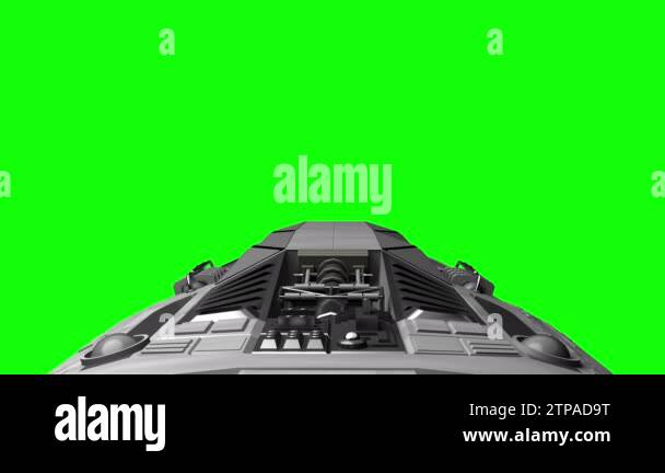 Spacecraft with pulsate engines on background of green screen, 3d ...