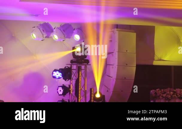 Stage lights at the concert with fog, Stage lights on a console ...